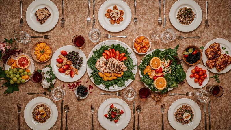 Holiday Table with Healthy Food, Festive Table Background Stock ...