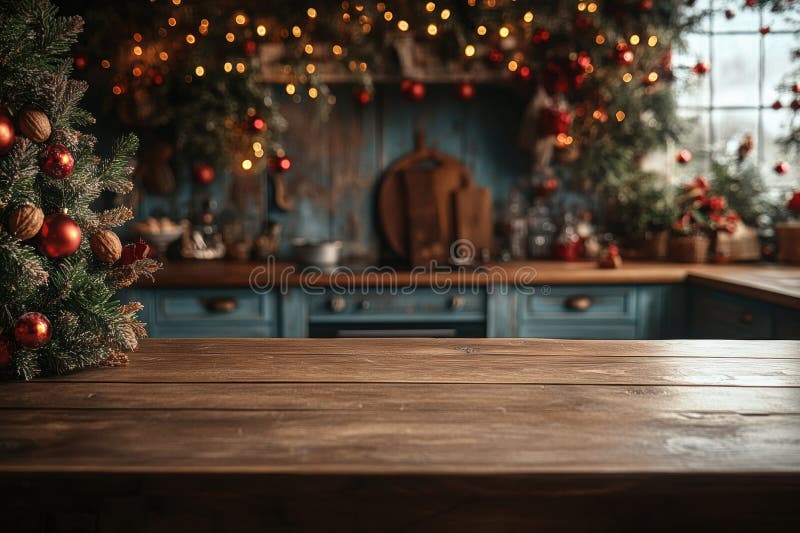 Holiday Table Setting, Festive Kitchen with Garlands in Backdrop and ...