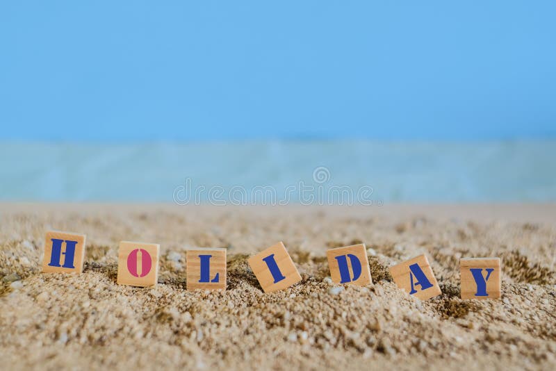 Holiday Text on Wood with Tropical Sand Beach , Stock Image - Image of ...