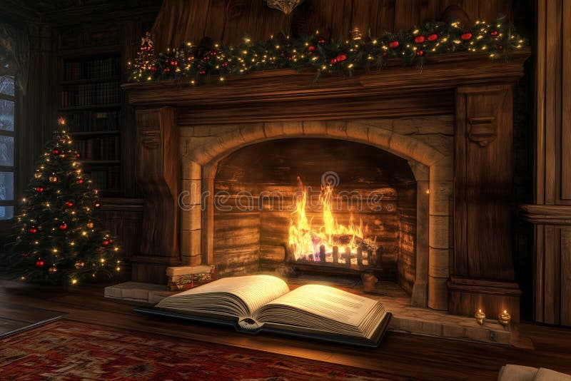 Holiday-themed Book Open with a Cozy Fireplace Backdrop. by Generative ...