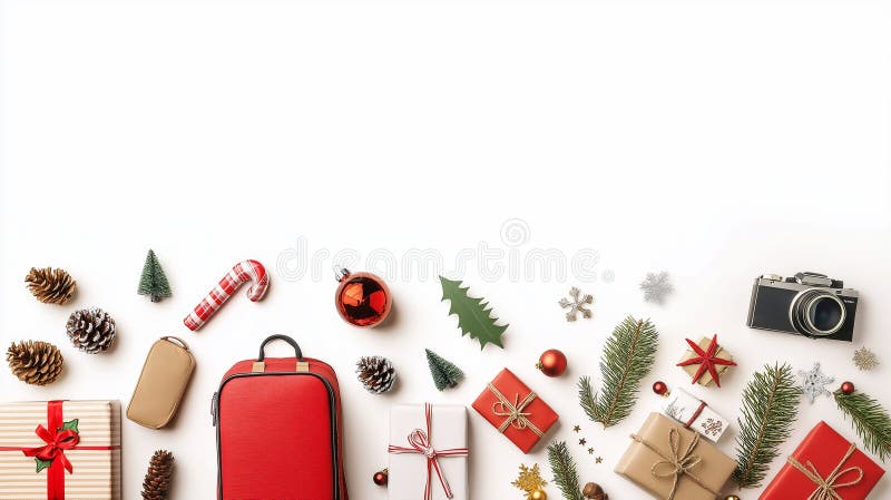 A Holiday-themed Flat Lay Featuring Travel Essentials and Festive Decor ...