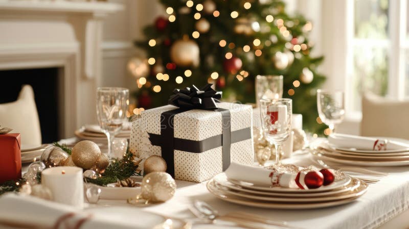 Holiday-themed Table with Wrapped Presents Stock Illustration ...