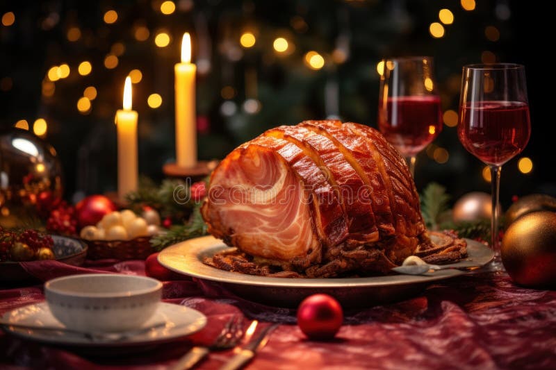 Holiday Tradition: Warmly Lit Christmas Ham with Candles. Stock Image ...