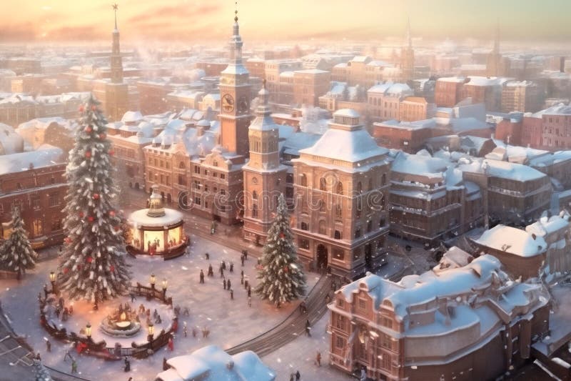 Holiday Tree on the City Square, Top View, Illustration Stock ...