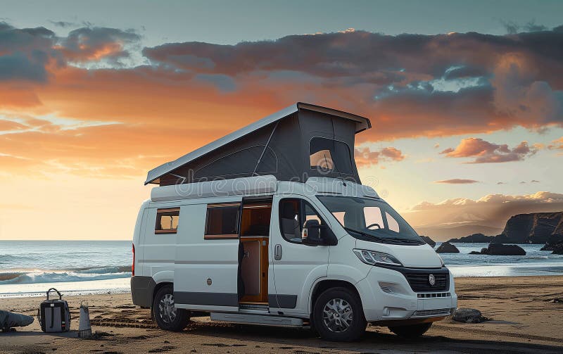 Holidays in Camper-van at Sunset Stock Illustration - Illustration of ...