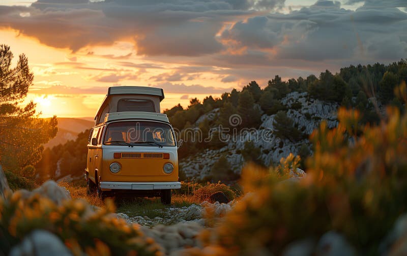 Holidays in Camper-van at Sunset Stock Illustration - Illustration of ...