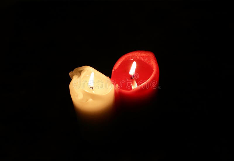 Two Burning Candles, White and Red. Night View Stock Photo - Image of ...
