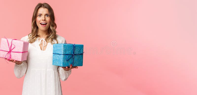 Holidays Celebration And Women Concept Portrait Of Surprised And Impressed Blond Girl Didnt