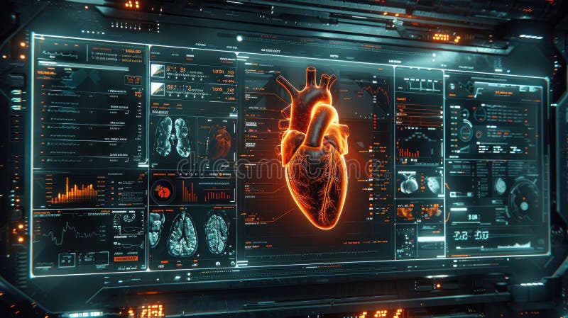 Holistic Health Interface Showcasing a Glowing Heart with Dynamic Data ...