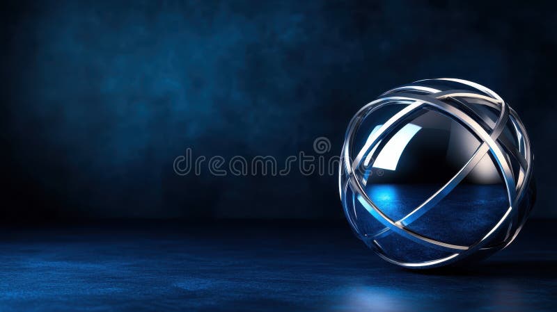 Hollow Sphere with Thin Intersecting Rings on Dark Blue Background ...