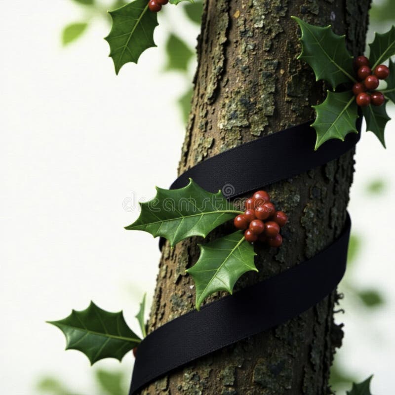 Holly and Black Ribbon Wrapped Around Tree Trunk, Trunk, Vine Stock ...