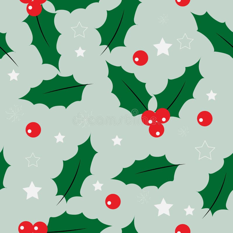Holly Seamless Pattern Vector Illustration on Green Background Stock ...