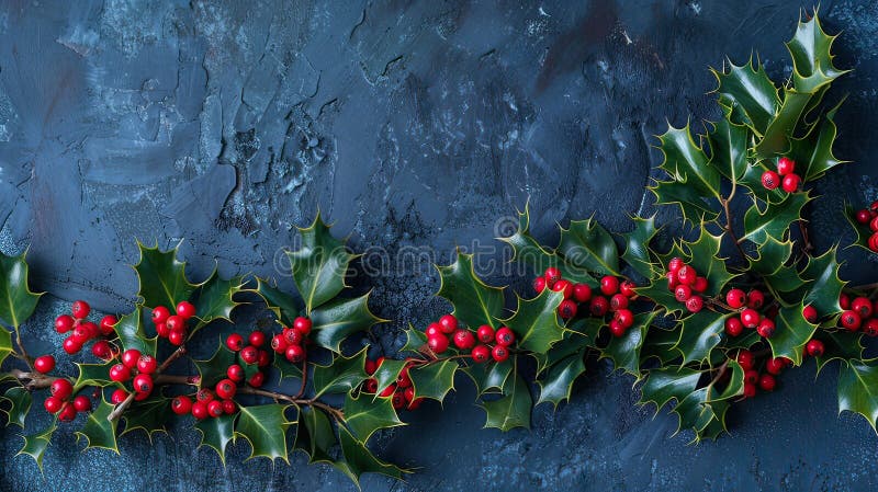 Holly Sprigs with Red Berries on Blue Background Stock Illustration ...