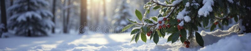 Holly Tree in Snowy Forest with Bare Branches, Evergreen, Frozen, Bare ...