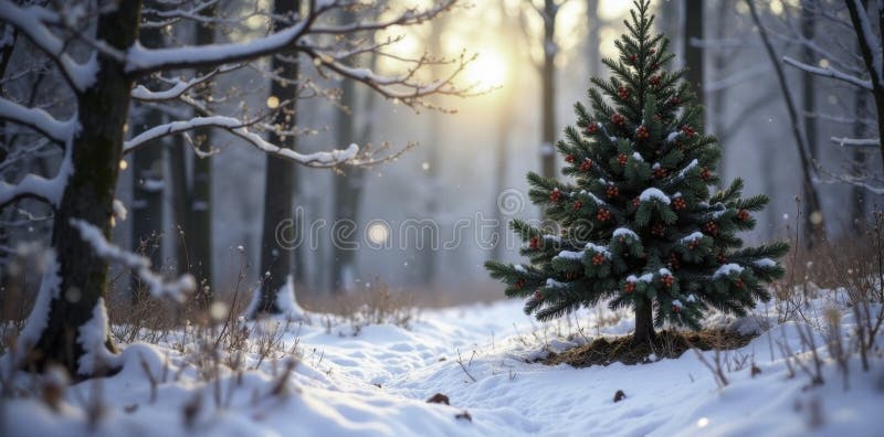 Holly Tree in Snowy Forest with Bare Branches, Forest, Winter Stock ...