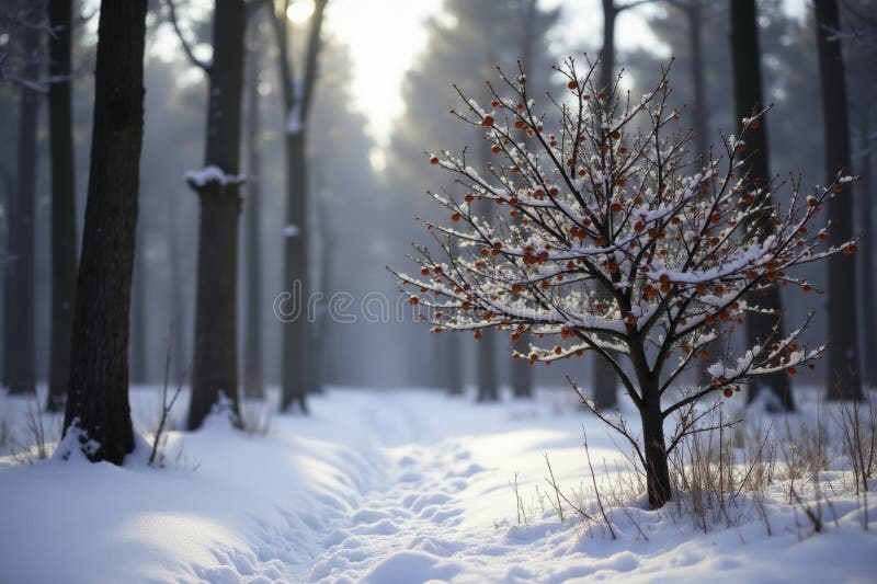 Holly Tree in Snowy Forest with Bare Branches, Winter, Bare Stock ...