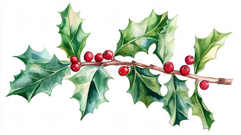 Holly Watercolor Illustration on White Background for Festive Designs ...