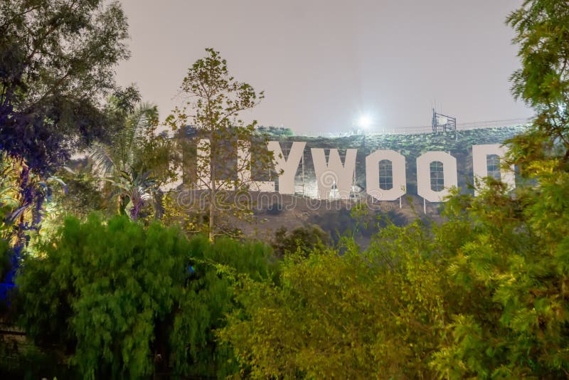 Hollywood Sign Lit at Night Editorial Photography - Image of hill ...