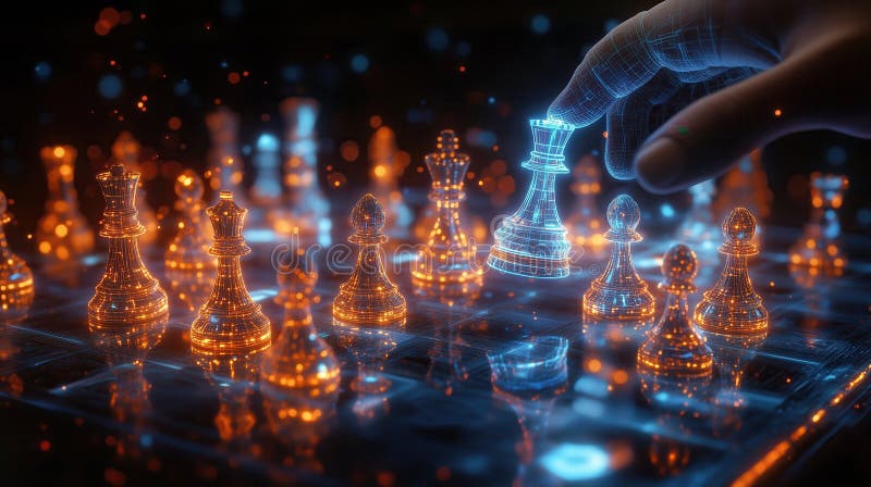 Hologram Chess Pieces Standing on Futuristic Chessboard in Cyberspace Stock Image - Image of ...