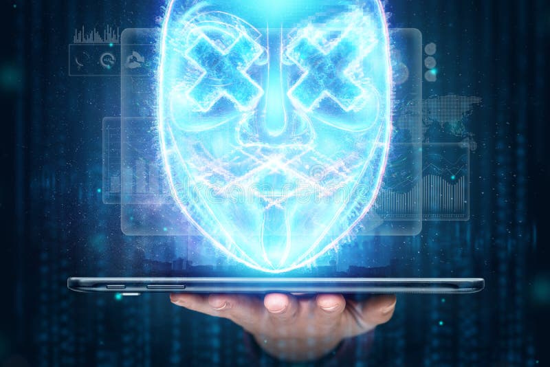 Hologram Digital Mask of a Hacker on a Tablet, Hacking Electronic ...