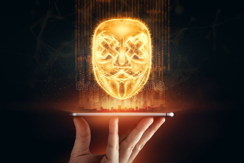 Hologram Digital Mask of a Hacker on a Tablet, Hacking Electronic ...