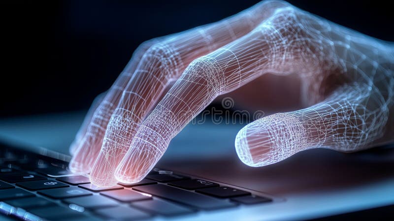 Hologram Hand Typing on Laptop Keyboard, Futuristic Technology Stock ...