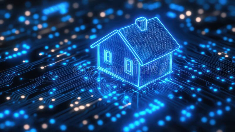 Hologram House Icon on Microcircuit Representing Digital Smart Home ...