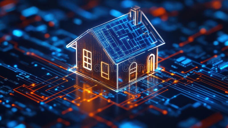 Hologram House Icon on Microcircuit Representing Digital Smart Home ...