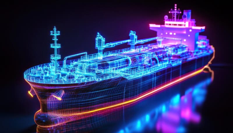 Hologram of Industrial Cargo Ship Floating on Dark Background Stock ...
