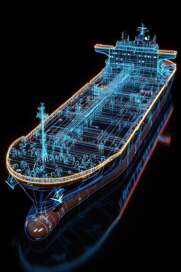 Hologram of Industrial Cargo Ship Floating on Water with Internal ...