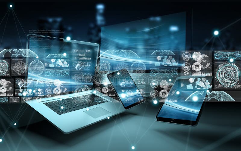 Hologram Interface in Front of Modern Devices 3D Rendering Stock ...