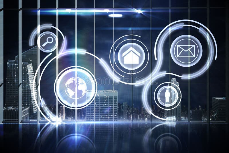 Hologram Interface in Office Overlooking City Stock Illustration ...