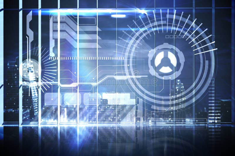 Hologram Interface in Office Overlooking City Stock Illustration ...