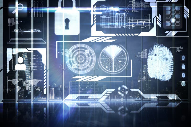 Hologram Interface in Office Overlooking City Stock Illustration ...