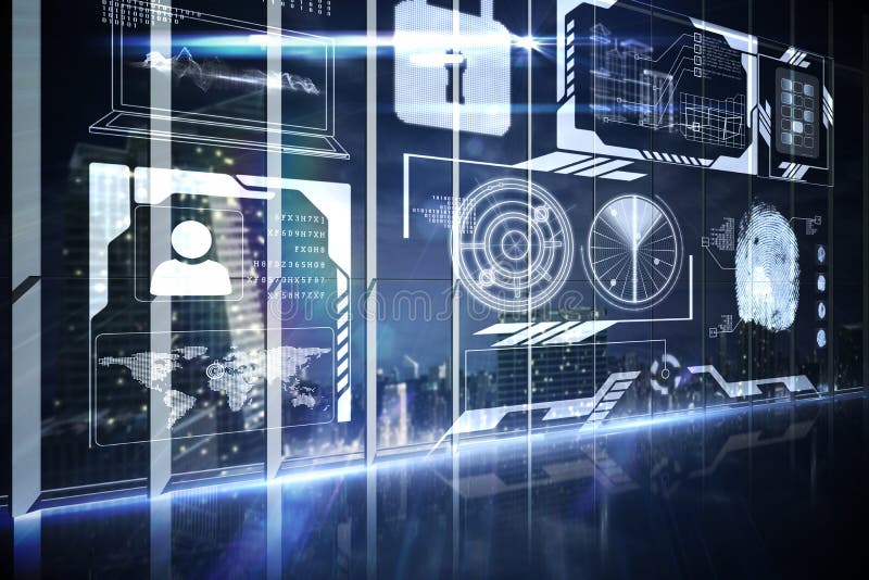 Hologram Interface in Office Overlooking City Stock Illustration ...