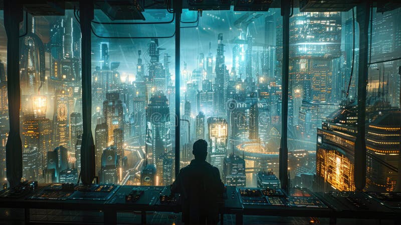 Hologram Projection of a Futuristic Cityscape with Silhouettes of ... Hologram Projection of a Futuristic Cityscape with Silhouettes of ...