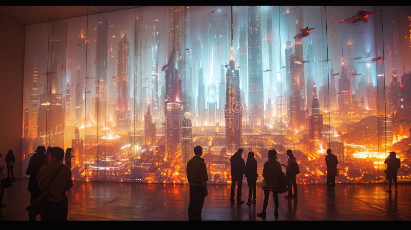 Hologram Projection of a Futuristic Cityscape with Silhouettes of ... Hologram Projection of a Futuristic Cityscape with Silhouettes of ...