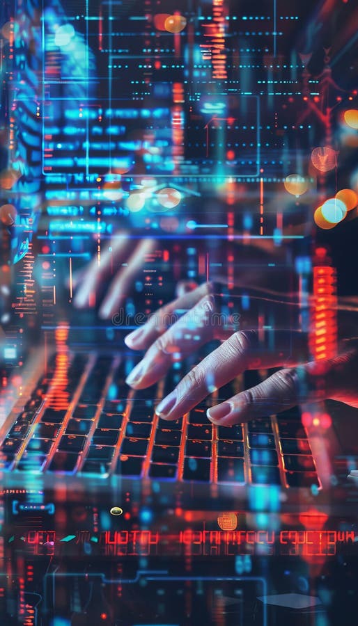 Hologram Screen Coding Programmer Typing On Keyboard Digital Technology Concept Stock