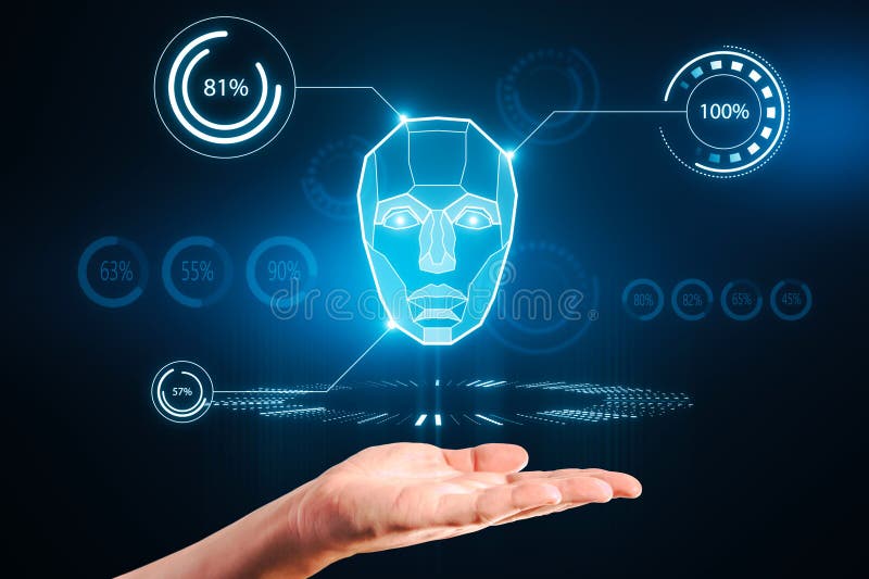 Holographic AI Head Interface with Analytical Percentage Data Stock ...