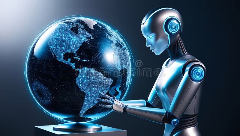 Holographic AI-powered Robot Analyzing a 3D Globe Covered in Data Points and Circuits ...