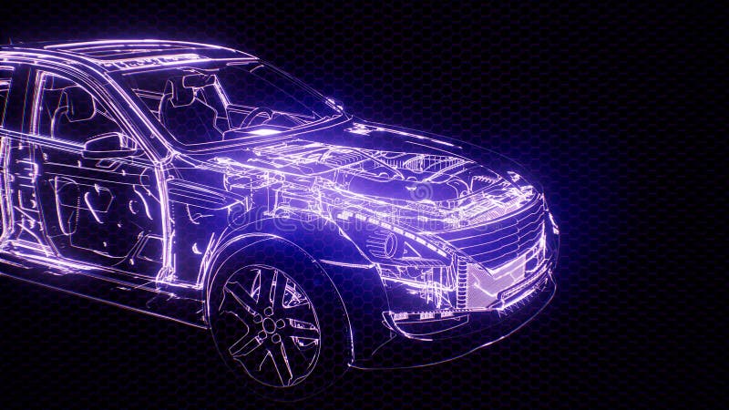 Holographic Animation of 3D Wireframe Car Model with Engine Stock ...