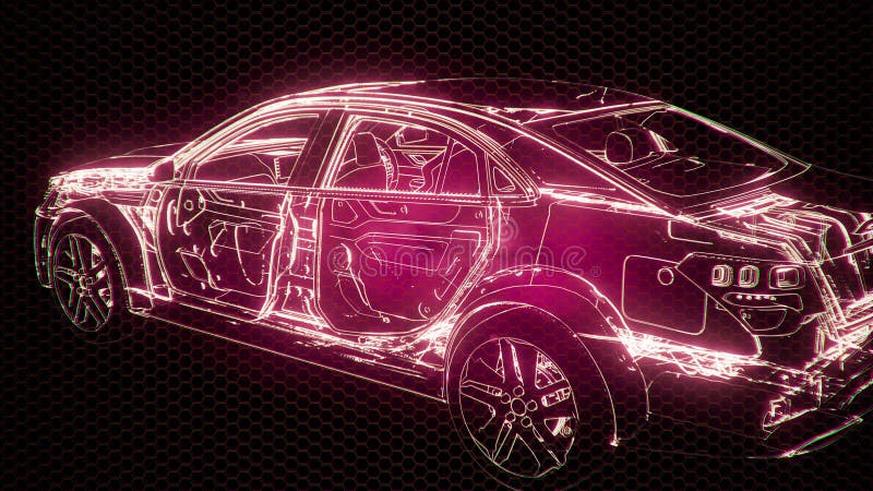 Holographic Animation of 3D Wireframe Car Model with Engine Stock ...