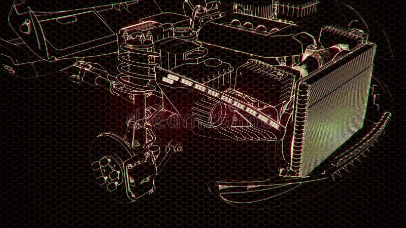 Holographic Animation of 3D Wireframe Car Model with Engine Stock ...