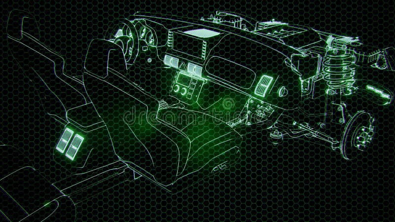 Holographic Animation of 3D Wireframe Car Model with Engine Stock ...