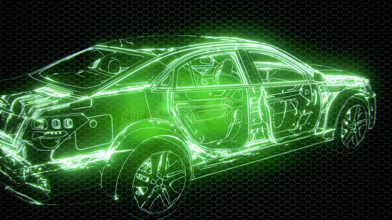 Holographic Animation of 3D Wireframe Car Model with Engine Stock ...