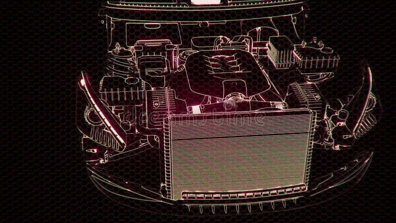 Holographic Animation of 3D Wireframe Car Model with Engine Stock ...