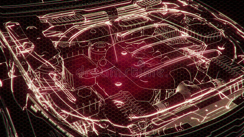 Holographic Animation of 3D Wireframe Car Model with Engine Stock ...