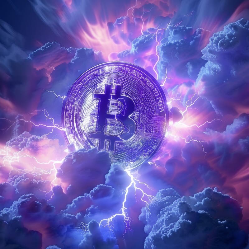 Holographic Bitcoin Storm in a Mystical Sky Stock Illustration ...