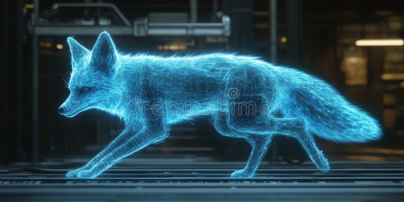 Holographic Blue Fox Running through Futuristic Space, Representing ...