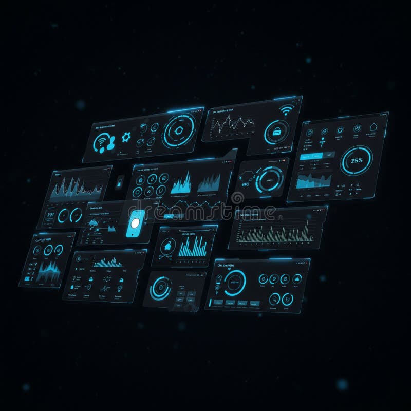 Holographic Blue Interface Panels Display Various Data Visualizations ...